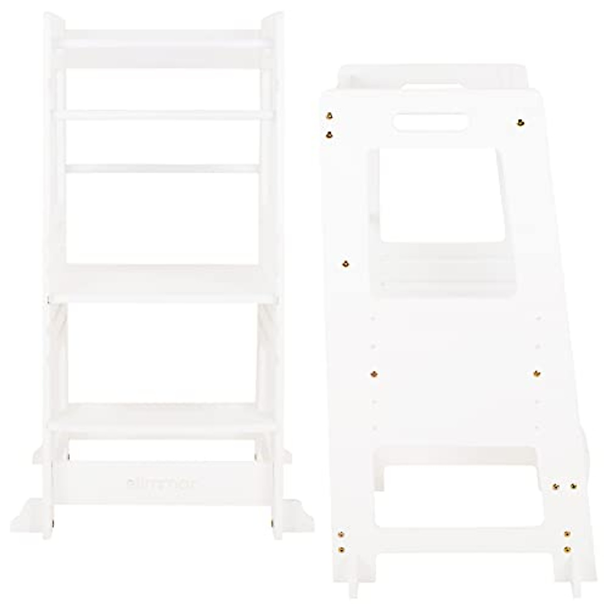 ELIMMAR Toddler Standing Tower - Wooden Learning Tower for Children - 5-Level Adjustable Height, Non-Slip Steps & Feet Pads, Silicone Mat, 2 Safety Bars - Helper Stool for Kids - White, 16x15.7x35.4