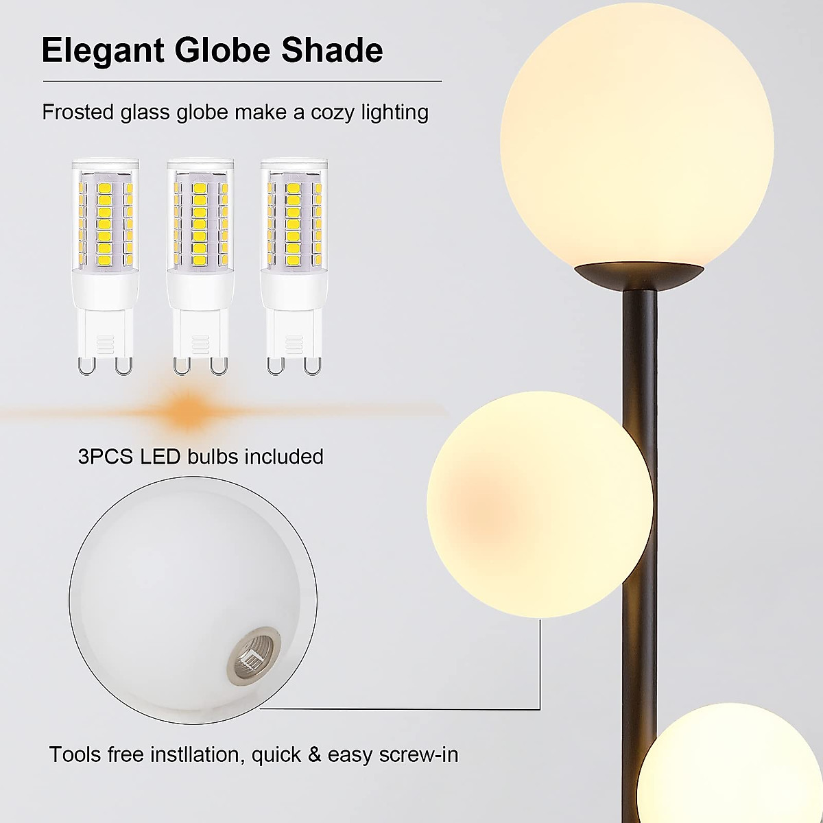 3 Globe Mid Century Floor Lamp, 3 Lights Black Floor Lamp for Living Room LED Bulbs Included with Warm Lighting, Modern Standing lamp Farmhouse Retro Home Decor for Bedrooms Office - Matte Black