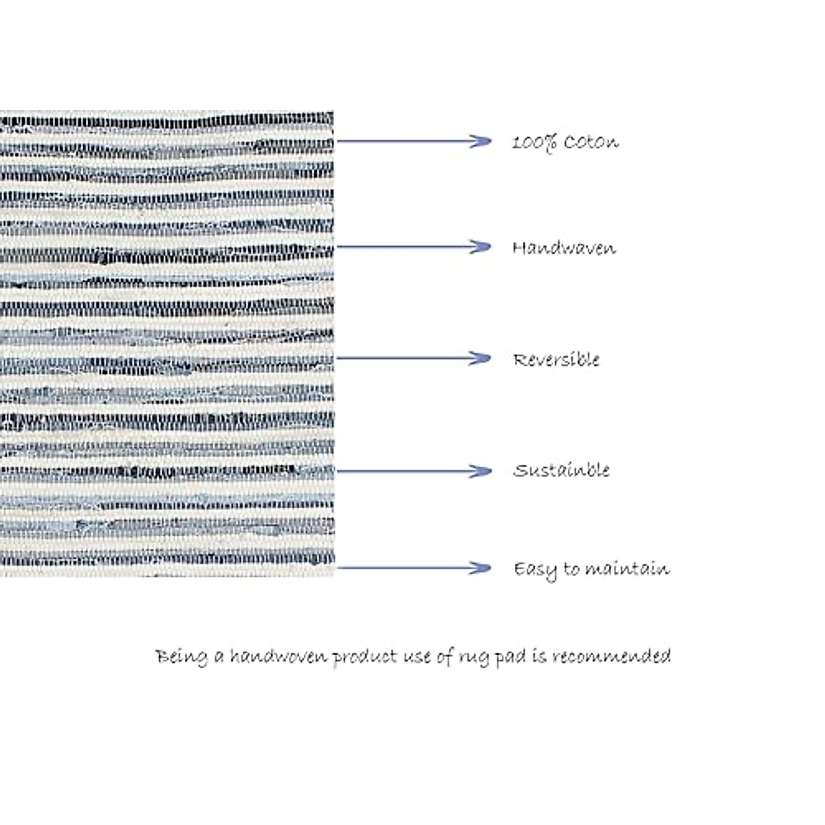 RAJRANG BRINGING RAJASTHAN TO YOU 4' x 6' Reversible Area Rugs Blue Denim Chindi Rag Rug Hand Woven Boho Eco Friendly Recycled Material for Farmhouse Home Decor