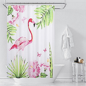 Beda Home Jungle Theme Shower Curtain, Flamingo with Tropical Floral Digital Printed Shower Curtain. 70Wx72L Inches Waterproof Cloth Fabric Machine Washable, suit for Bathroom Bathtub Decoration.