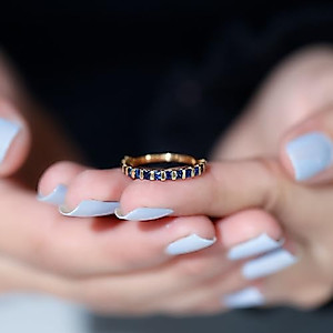 Rosec Jewels Certified Sapphire Half Eternity Band, AAA Quality, Natural Blue Sapphire Princess Cut Wedding Ring - Ready to Gift, 14K Yellow Gold, Size:US 10.00