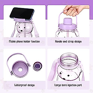 2 Pcs Cute Water Bottles Leak Proof Kawaii Bear Straw Bottle Large Capacity Bear Cup with Adjustable Removable Shoulder Strap Kawaii Stickers for Kids School Office Outdoor Activities (Pink, Purple)