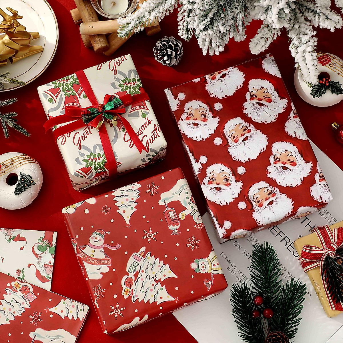 JarThenaAMCS 12 Sheet Christmas Wrapping Paper -Not Roll- Red Santa Snowman Gift Wrap Paper Folded Flat Seasonal Art Paper for Winter Xmas Birthday Baby Shower DIY Crafts, 19.7 x 27.6 Inch