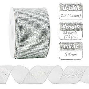 AIMUDI Silver Christmas Ribbon Wired 2.5 Inch Silver Wired Ribbon for Halloween Silver Glitter Mesh Wired Ribbon for Wreaths, Gift Wrapping, Thanksgiving, Holiday Crafts, Topper Bow - 25 Yards