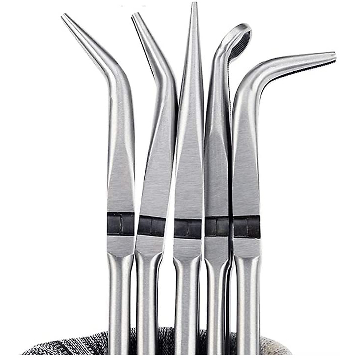 RUNIGOO 5 Piece Long Reach Plier Set - 11” Long Needle Nose Pliers Sets - Straight, 25, 45, 90-Degree Angle, Long Reach Bent Circle Pliers for Hard-to-Reach Narrow Spaces