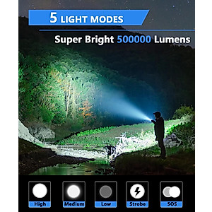 JAY-PARK Flashlights High Lumens Rechargeable, LED Flashlight 500000 Lumen Super Bright Powerful, USB-C Handheld Flashlight Zoomable High Power Tactical Flash Light for Emergencies, Camping