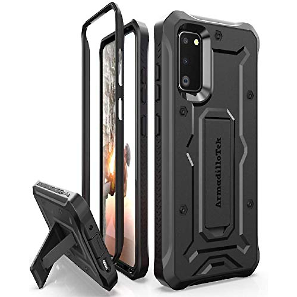 ArmadilloTek Vanguard Case Compatible with Samsung Galaxy S20 (6.2 inches) Military Grade Full-Body Rugged with Built-in Kickstand [Screenless Version] - Black