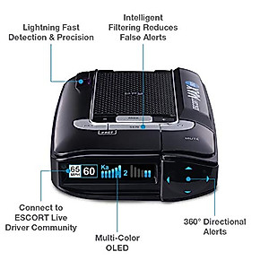 ESCORT Max 360 Laser Radar Detector - GPS, Directional Alerts, Dual Antenna Front and Rear, Bluetooth Connectivity, Voice Alerts, OLED Display, Escort Live