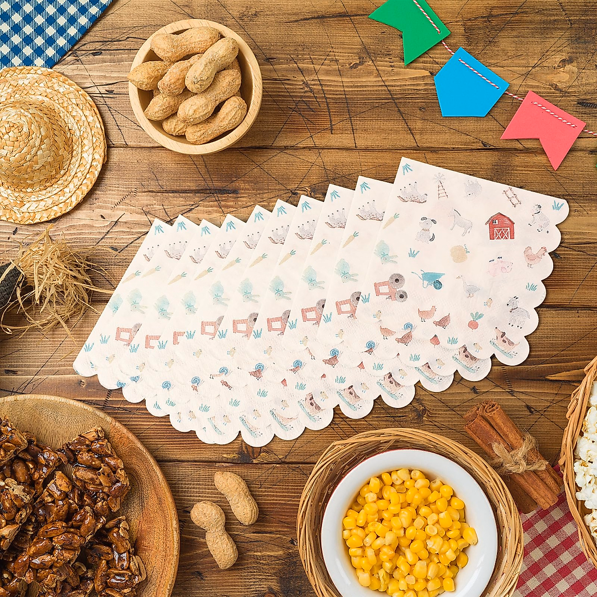 Motipuns 100 Pcs Farm Cute Cocktail Napkins 5 x 5 Inch Country 2 Ply Scalloped Edged Dessert Napkins Disposable Farm Party Decor farm party supplies for Baby Shower Wedding Birthday Party Bridal