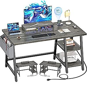 Armocity Computer Desk with Outlet and USB Charging Port, 47 Inch Desk with Reversible Storage Shelves, Modern Gaming Desk with Moveable Monitor Stand and Storage Bag for Home Office Workstation, Gray