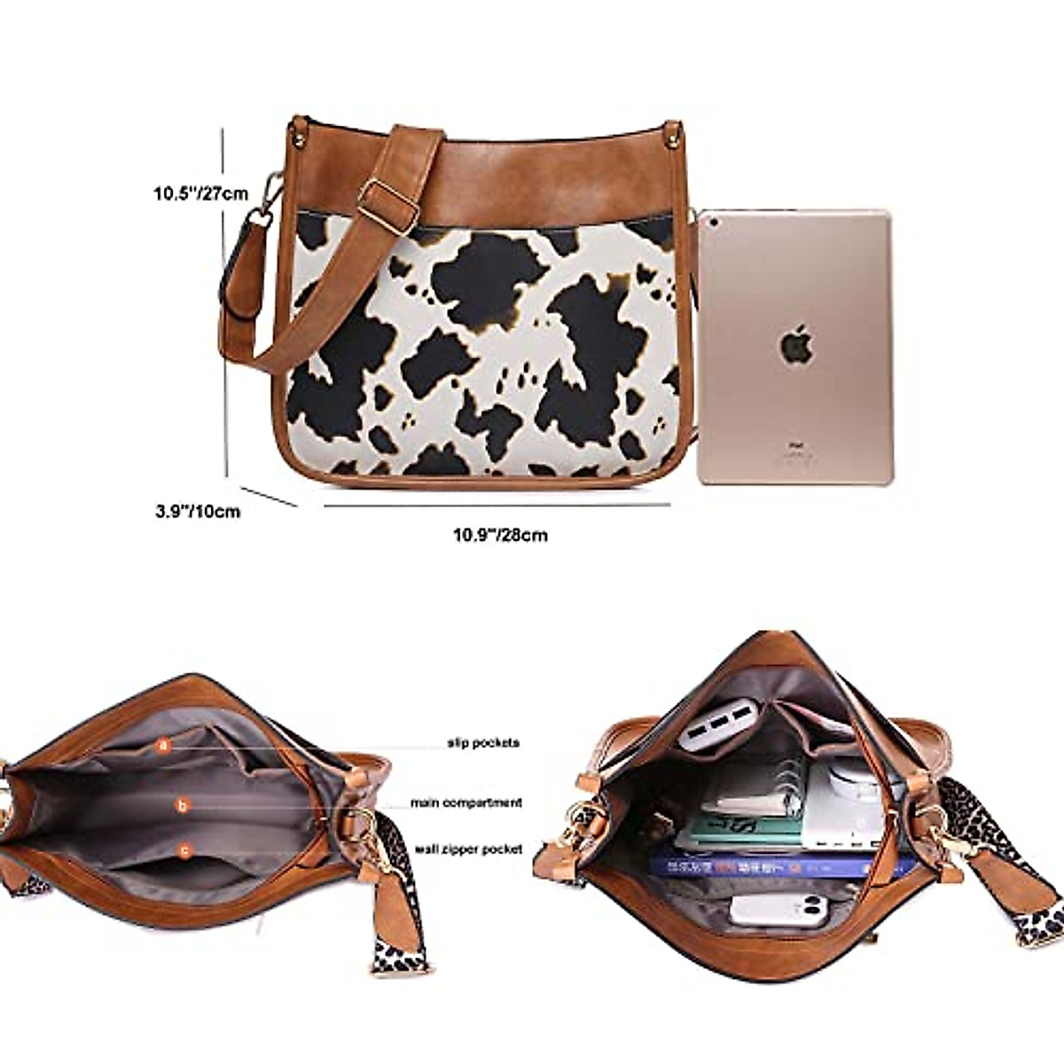 Women Shoulder Crossbody Bag Vintage Handbags Purse with Leopard Guitar Strap Medium Satchel Hobo Bag, Cow Pattern