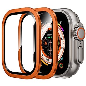 WSKEN for Apple Watch Ultra Screen Protector 49mm, 9H Tempered Glass + Titanium Alloy Frame, Lightweight Protective Glass Film for iWatch Ultra 2 Pack, Orange