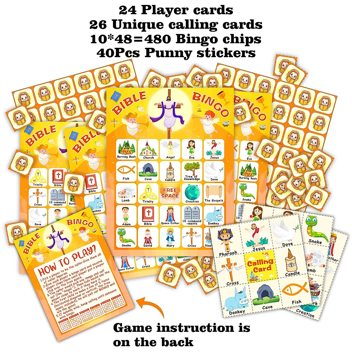 Bible Bingo Game for Kids Adults Christian Sunday Church Game Bible Activities 24 Bingo Cards Sets for Family Open Day Vacation Bible School Decorations, Easter Gifts, Holiday Party Favors Supplies