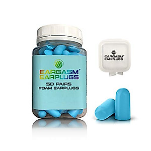 Eargasm Foam Earplugs, 50 Pairs, 32 dB NRR, Super Soft, Great for Sleeping, Studying, Snoring, Comes with Bonus Carrying Case