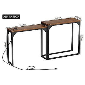 AISUNDY Console Table with Power Outlet & USB Ports, 63 Inch Narrow Long Sofa Table Set, Rustic Entryway Table Behind Sofa Couch, Industrial Vintage Hallway Table Nesting Side Table, Set of 2
