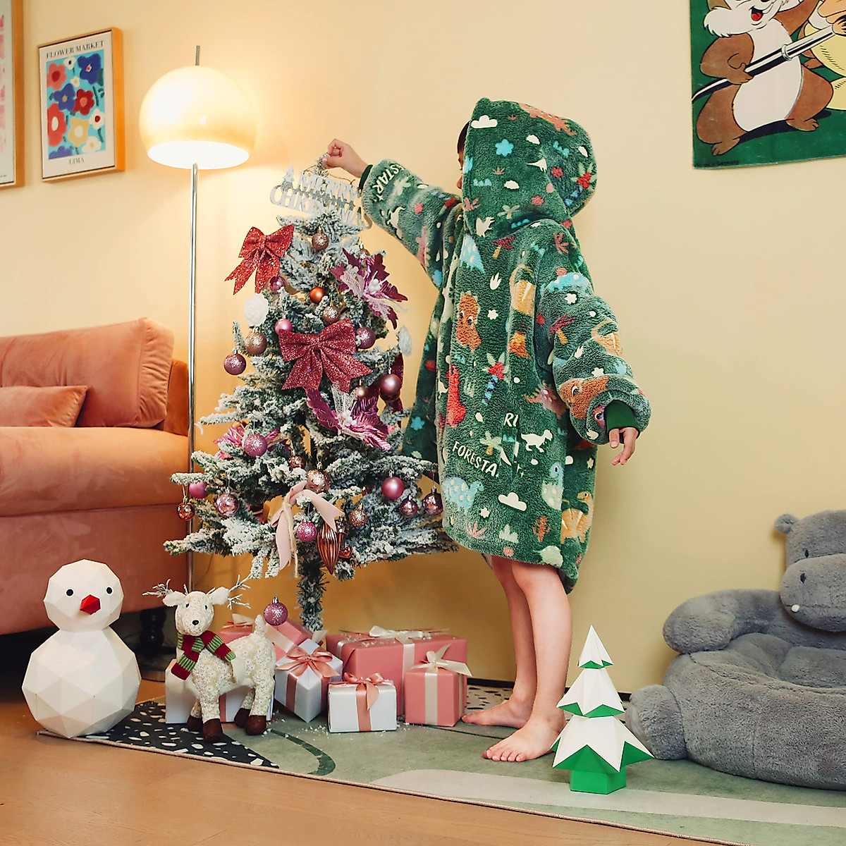 FORESTAR Glow in the Dark Wearable Blanket, Christmas Birthday Gifts for Kids Girls Boys 4-10 YR, Thickened Warm Oversized Sherpa Hoodie with Pockets, Dino