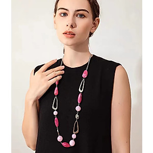 Noessla Beaded Long Necklace Silver Sweater Chain Women Beads Necklaces Fashion Jewelry Party Birthday Gifts(07-Hot pink)