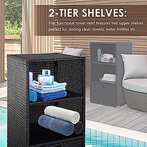 Outsunny Valet Pool Towel Rack, Waterproof PE Plastic Rattan Wicker Storage Organizer, Indoor Outdoor Spa, and Hot Tub Accessory Storage, 2 Shelves, 1 Basket Drawer, Espresso