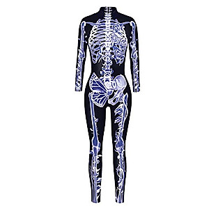 Selowin Womans Skull Pattern Halloween Costume Party Skeleton Slim Catsuit Bodysuit Light Purple S