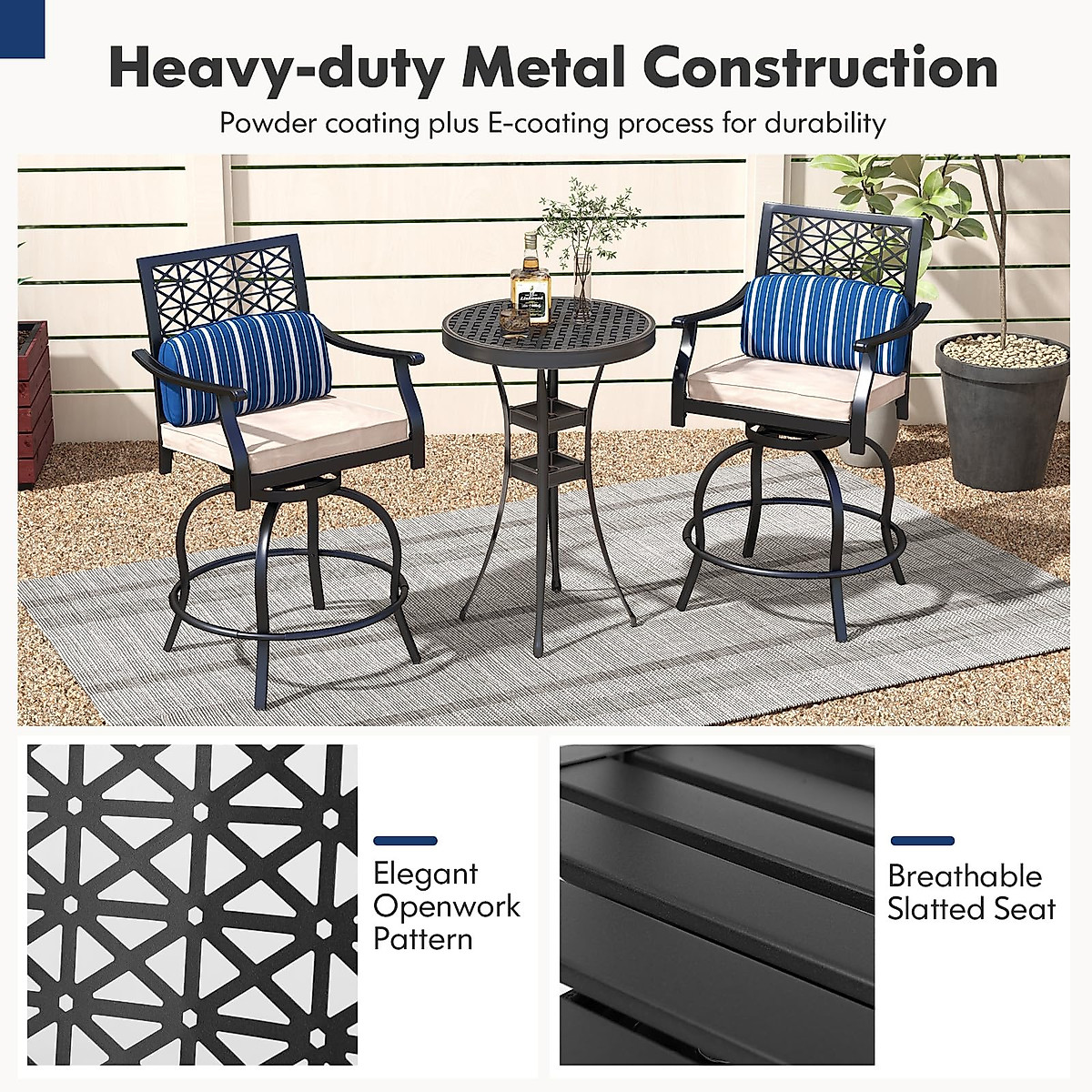 COSTWAY Outdoor Bar Chair Set of 4, 24.5 Inch Swivel Counter Height Bar Stools with Footrest, Seat Cushions & Lumbar Pillows, Metal Dining Bar Chairs for Patio, Backyard, Poolside (4)