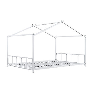 DNYN Full Size Metal House Bed with Roof Design for Kids Bedroom,Sturdy Steel Bedframe,No Box Spring Needed, White