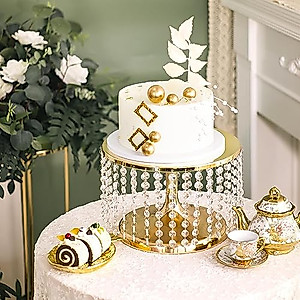 8 Inch Tall Wedding Gold Cake Stand - 12" Dia Round Base Cake Serving Stand with Crystal Chandelier, Dessert Cupcake Pastry Candy Display Plate for Weddings, Birthdays and Special Occasions
