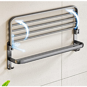 WANLIAN 2 Piece Bathroom Towel Rack, 20inch Foldable Double Towel Rack with Towel Bar and 4 Bathroom/Kitchen Hooks, Thickened Space Aluminum Towel Rack Wall Mount (Gun Grey Towel Rack)