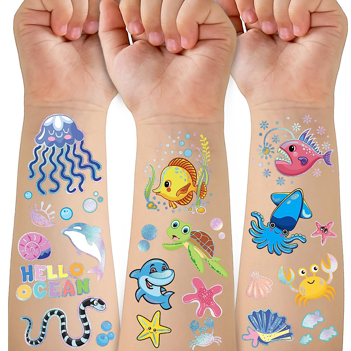 116 PCS Ocean Sea Animal Kids Temporary Tattoos, Cute Fish Metallic Styles Underwater Tattoo Stickers for Ocean Theme Party Decor, Tropical Sea Creature Shark Tattoos for 4 5 6 Years Old Boys Girls