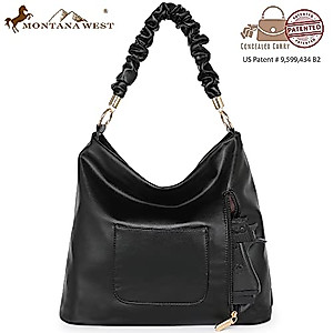 Montana West Vegan Leather Tote Handbag for Women Concealed Carry Purse Hobo Ruched Shoulder Bag Crossbody Bag MWC-G072BK