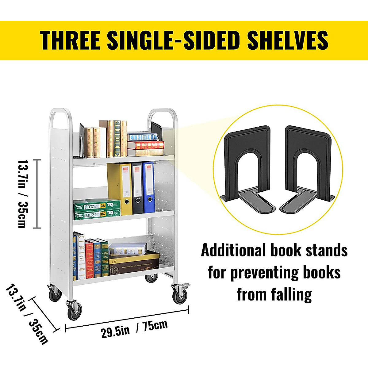 VEVOR Book Cart, 200LBS Library Cart, 49.2''x29.5''x13.8'' Rolling Book Cart, Single Sided V-Shaped Sloped Shelves with 4 Inch Lockable Wheels for Home Shelves Office School Book Truck, White