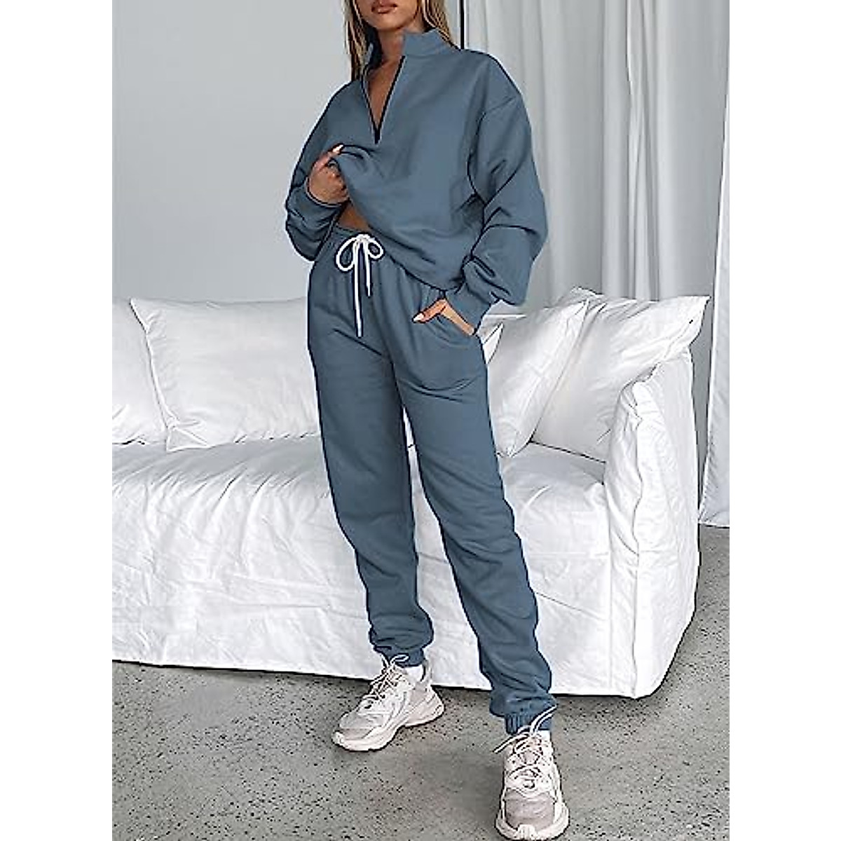 Aleumdr Womens Oversized Half Zip Pullover Long Sleeve Sweatshirt Jogger Pants Lounge Sets 2 Piece Sweatsuit with Pockets Blue-Grey Large