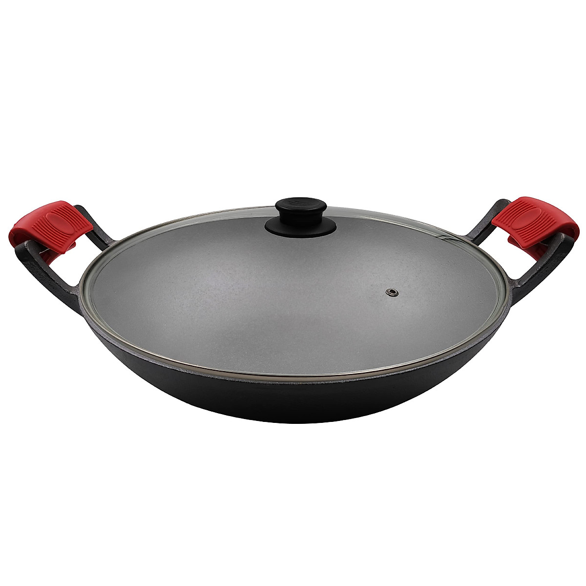 Crucible Cookware 14-Inch Cast Iron Wok Set (Pre-Seasoned), Glass Lid & Silicone Hot Handle Holders