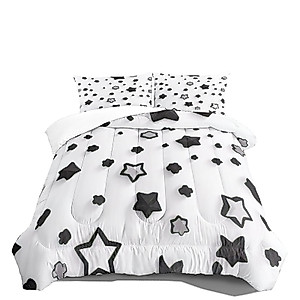 Balen Bear Kids Cartoon Star Comforter Set Twin Size, Black and Grey Stars Print Quilt Set,Bedding Set for Kids Teens Boys Girls Room Decor All Season