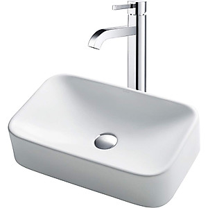 KRAUS 19-inch Rectangular White Porcelain Ceramic Bathroom Vessel Sink and Ramus Faucet Combo Set with Pop-Up Drain, Chrome C-KCV-122-1007CH