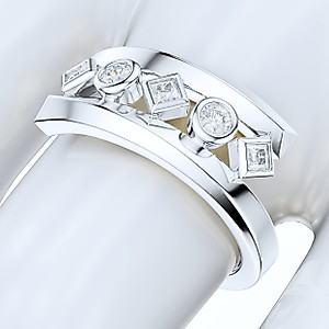 PRSTANI 8mm Wide Solid Sterling Silver Five Stone Split Twisted Shank Bezel Set Simulated Round and Princess Diamonds Ring Wedding Band (8)