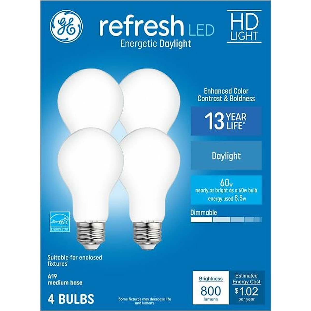 GE Refresh HD Daylight 60W Replacement LED Indoor General Purpose A19 Light Bulbs (4-Pack)
