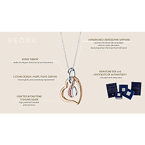 PEORA Breast Cancer Awareness Heart Ribbon Fight, Hope, Survive Pendant Necklace for Women with Created Pink Sapphire, Sterling Silver