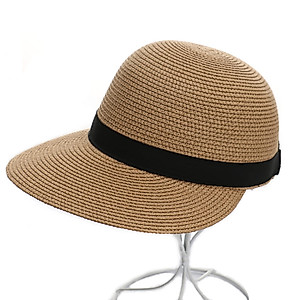 Summer Visor Hats for Women Foldable Floppy Solid Color Straw Sun Hat Travel Beach Baseball Cap (Khaki)