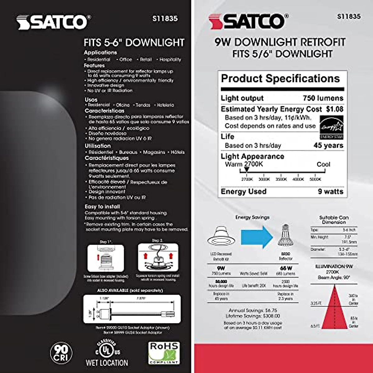 Satco (8 Pack) Led Color Selectable Downlight Retrofits, Part Number S11835, 9 Watt; 5 Inch - 6 Inch; Cct Selectable; 120 Volts; Dimmable; Black Finish for Industrial and Commercial Use