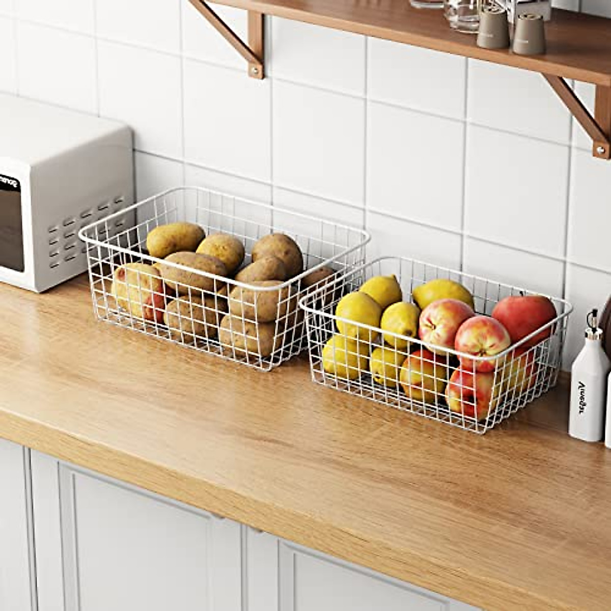 Wire Storage Baskets, iSPECLE 4 Pack Large Metal Wire Baskets Pantry Organization and Storage with Handles, Freezer Organizer Bins for Pantry Kitchen Shelf Laundry Cabinets Garage, White