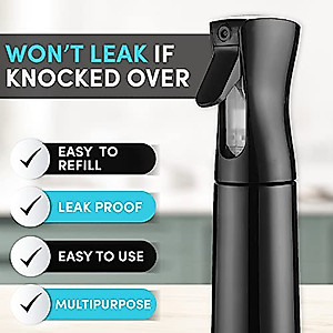 Hula Home Continuous Spray Bottle (10.1oz/300ml) Empty Ultra Fine Plastic Water Mist Sprayer – For Hairstyling, Cleaning, Salons, Plants, Essential Oil Scents & More - Black