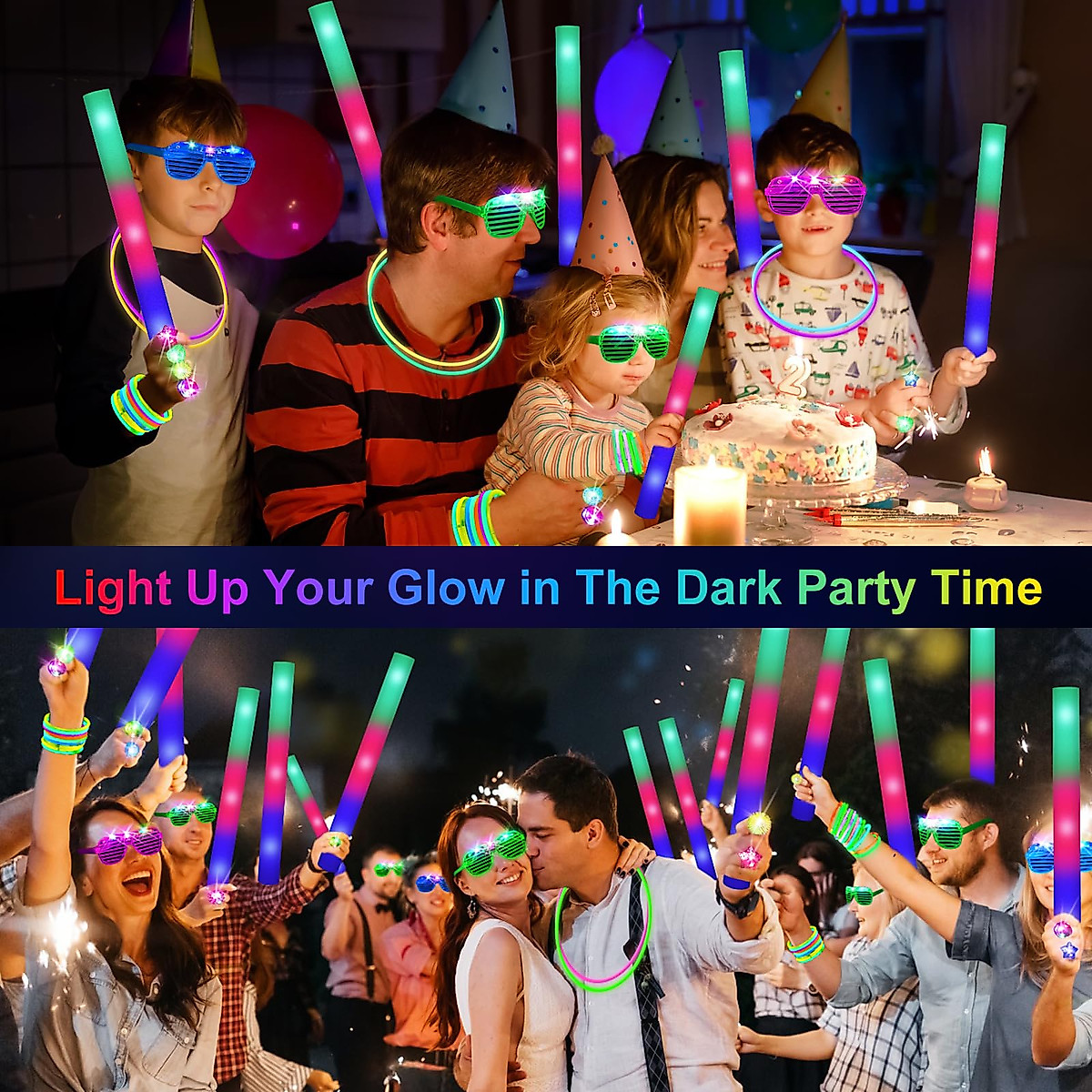 OLUPP 150 PCS Glow in the Dark Party Supplies, 16 PCS Foam Glow Sticks, 16 PCS LED Glasses, 100 PCS Glow Sticks and 18 PCS Finger Lights for Glow Party, Wedding, Birthday, Concert, Birthday, New Year