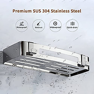 Noele Shower Caddy Organizer Shelves 2 Packs, No Drilling Adhesive Storage Basket with Removable Hooks, SUS304 Stainless Steel Rustproof Shower Rack for Bathroom Kitchen, Silver