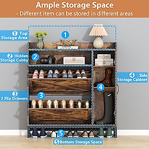 Auromie Shoe Storage Cabinet, Free Standing Shoe Organizer with 2 Flip Drawers, Shoe Rack with Adjustable Side Cabinet, Entryway Narrow Shoe Storage with Door for Hallway, Living Room (Rustic Plus)