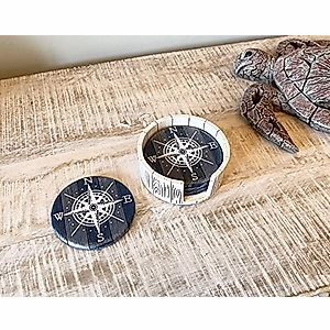 Compass Rose Coaster Set - Nautical Ocean Beach Boat Coastal Decor - Rustic Weathered Blue / White Finish