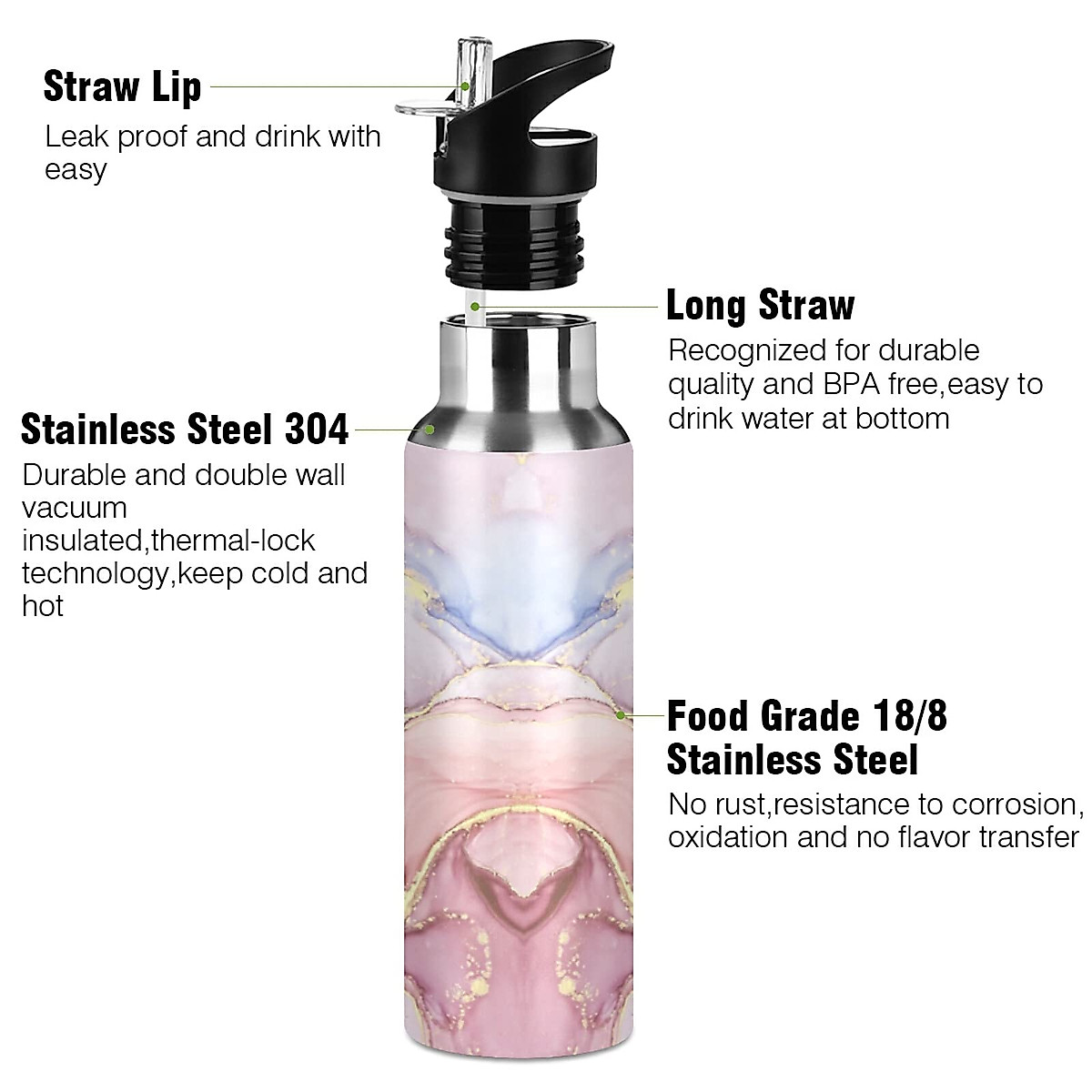 xigua 22oz Insulated Water Bottle Abstract Marble Pink Gold Stainless Steel Vacuum Cup with Straw Lid Leakproof Thermal Bottles for Sport Keep Cold/Warm