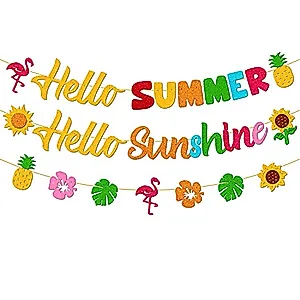 Hello Summer Hello Sunshine Banner for Summer Hawaiian Tropical Flamingo Pineapple Sunflower Beach Theme Holiday Happy Birthday Wedding Bachelorette Engagement Bridal Shower Party Supplies Glitter Decorations
