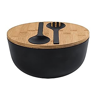LOVYANXUE Bamboo Fiber Salad Bowl with Servers Set Large 9.8inches Nature Bamboo Mixing Bowl with Servers with Lid Spoon and Fork for Fruits ,Salads and Vegetables (Black, 10inch)