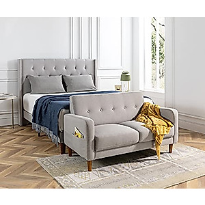 Mellow Adair Mid-Century Modern Loveseat/Sofa/Couch with Armrest Pockets, Tufted Linen Fabric, Light Grey