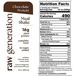 Raw Generation 18-Pack Meal Replacement Shakes - Organic Plant Based Protein Drinks/No Added Sugar/High-Protein, Gluten-Free, Vegan, Non-GMO/Essential Vitamins & Minerals/Just 5 Ingredients